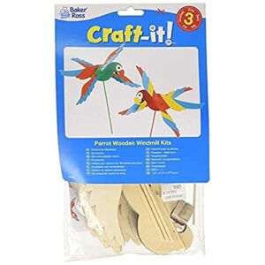 baker ross fe128 parrot wooden windmill kits - pack of 3, for kids arts and crafts projects, wooden crafts for children to decorate, personalize and display