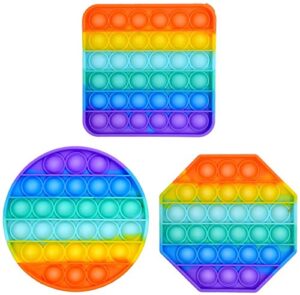 [3-pack] pop fidget it toy push on pop, bd&m rainbow color bubble sensory fidget toy pack for anxiety & stress relief autism, fun popping sound game toys set, (circle+square+octagon), (zgy0236)