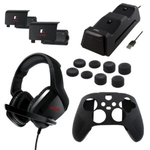 deluxe master pak for xbox series x|s | dual controller charge base | high quality wired headset designed for ears | 2 rechargeable battery packs | silicone controller skin and thumb stick caps