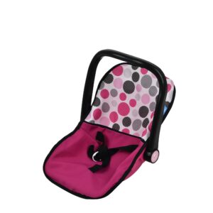 hauck pink dot doll car seat is a plastic shell with fabric and includes harness belt to keep the baby doll secure and can be converted into a feeding chair, multi