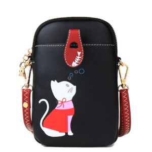 small crossbody phone bag for women leather cute cat cellphone purse shoulder bags pu wallet (black)