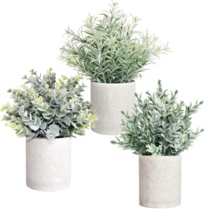 anfu fake plant decor mini artificial potted faux plants, artificial eucalyptus faux boxwood fake rosemary for room bathroom kitchen farmhouse garden home office decor (3, flocking artificial plants)