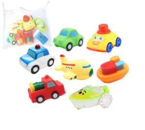 toddler bath toys bathtub toy - kids floating water spray toy fun bathtime with boat, plice car,fire truck and plane plastic toy for baby boys and girls