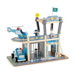 hape metro police station play toy set with sounds and lights| 2-level wooden pretend play toy with action figures and accessories