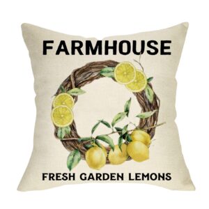 softxpp fresh garden lemons wreath decorative farmhouse throw pillow cover, spring summer cushion case cotton linen, seasonal home decorations square outside pillowcase decor sign for sofa couch 18x18