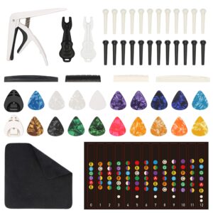 inknote 53 pcs guitar accessories kit-acoustic guitar bridge pins pegs,bridge pin puller remover,capo,guitar picks,pick holder and guitar saddle nut,with guitar scale sticker and dust-free cloth