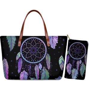 wellflyhom dream catcher feather large tote set for women - neoprene, velvet, pu leather, rubber zipper