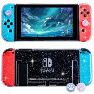 fanpl glitter clear case for nintendo switch, hard shell dockable protective case cover for switch and joy con controller with 2 bling thumb grips (transparent)