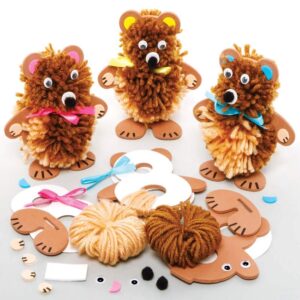 baker ross fe362 teddy bear craft pom pom kits - pack of 3, childrens art make your own fluffy pom friend