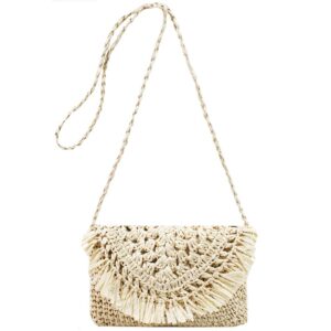 meyaus women small fringed straw woven cross-body bag shoulder bag bohemian beach envelope flap handbag purse