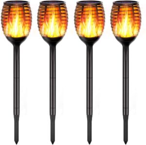 banuque solar torch light with flickering flame, solar powered outdoor garden path stake lights for landscape patio walkway yard driveway(4 pack)