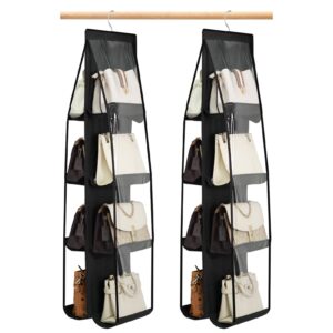 esluker.ly 2pcs hanging purse bag organizers with 8 large easy access pockets, premium clear handbag storage holder space saving organizer system for closet wardrobe (black)