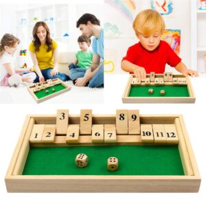 bouti1583 shut the box game wooden, classic 12 number wooden set with dice, green- adults and children