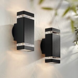 possini euro design skyridge modern outdoor wall light fixtures set of 2 halogen black aluminum 10 1/2" clear glass for exterior house porch patio outside deck garage yard front door garden home