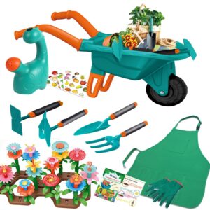 qtioucp 16pcs kids gardening tools outdoor toys set backyard play with wheelbarrow, apron, watering can and more educational stem learning pretend toys outdoor indoor for toddlers kids boys girls