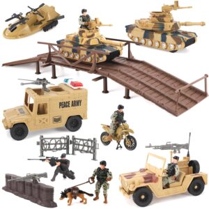 liberty imports 42 pcs military base toy combat zone playset - battle site with tanks, boat, motorcycle, trucks, army men soldier action figures, weapons, and accessories for kids