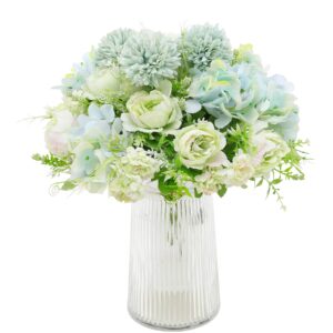 decpro 2pcs artificial peony silk hydrangeas chrysanthemum carnations flower bouquets for wedding, home office garden decoration, table centerpieces, floral arrangements, light green