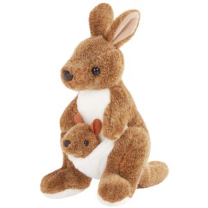 cozyworld mother's day stuffed animals kangaroo cute kangaroo plush toys with baby in pouch for kids preschool birthdaythanksgiving for kids, brown, 10.5’’