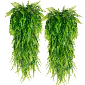 aa badbaby 2pcs artificial hanging vine ferns plants fake boston fern ivy leaves garland greeny chain wall home room garden wedding garland outside decoration (fern)