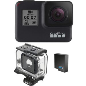 gopro hero7 black + extra battery + super suit dive housing case - e-commerce packaging - waterproof digital action camera with touch screen 4k hd video 12mp photos live streaming stabilization