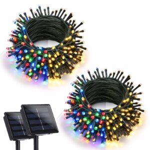 lomotech color changing solar christmas lights, 66ft 200led warm white to multicolor fairy lights, 11 modes waterproof solar string lights for home yard christmas decorations(2pack)