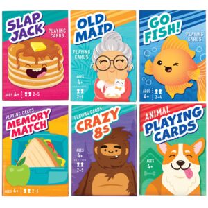 lotfancy card games for kids, 6 decks, go fish, old maid, crazy eights, memory match, slap jack, animal playing cards, easter basket stuffers, stocking stuffers