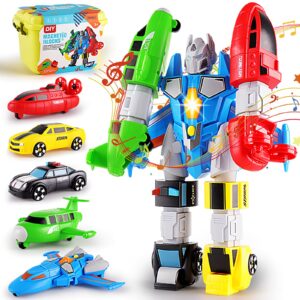 quercitron 5-in-1 magnetic vehicles playset toy, transform to robot, mix & match assembling building action figures kit with storage box, holiday birthday present for kids, boys & girls 3 4 5 6 7 year