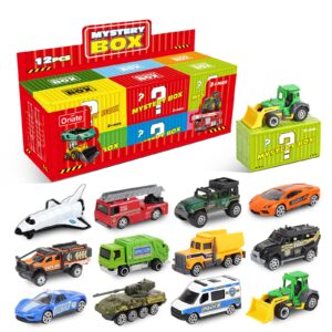 oriate diecast toy cars set for 3 4 5 6 7 8 year old boys, 12 pack mini metal cars 1/64, 12 theme in one set blind box edition- include farm, space ship, truck for children birthday party decor gifts