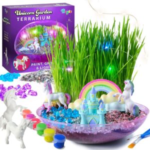 bryte light up unicorn terrarium kit for kids - grow plant, castle, paint set, crystal rock, fairy garden lights, arts & crafts, stem activities, birthday gifts, toys for girls aged 4 –12 yrs