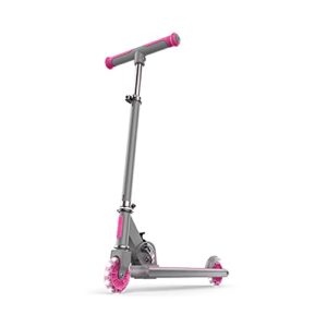 jetson scooters - leo kick scooter (pink) - collapsible portable kids push scooter - lightweight folding design with high visibility rgb light up leds wheels and adjustable height handlebars