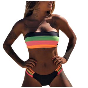 padaleks women's striped color block bandeau bikini set high cut strapless swimsuit sexy bathing suit beachwear