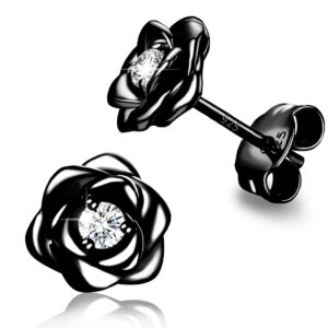 black gold plated sterling silver rose flower earring studs, hypoallergenic & nickel free earrings for women