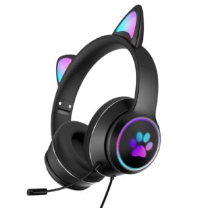 lvoertuig cat ear headphones,foldable and stretchable wireless bluetooth gaming headset with rgb led light wired gaming headset stereo sound,over ear headphones gift for kids and adult