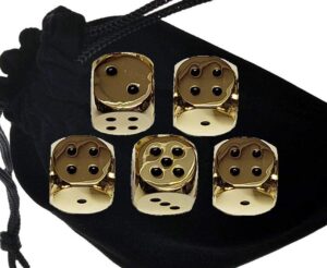 cyber-deals set of (5) solid zinc alloy metal polished finish 16mm dice, rounded corners with black velvet cloth pouch (gold with black dots)