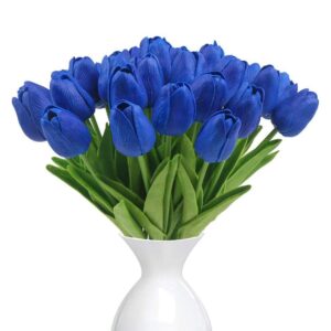 lazeny 20 pcs artificial tulip flowers real touch pu bouquet fake flower arrangements indoor outdoor wedding decoration table centerpieces, for home office party garden porch window decor (blue)