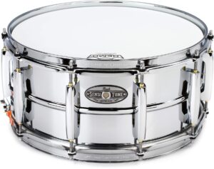 pearl 14"x6.5" sensitone heritage alloy chrome-over-steel snare drum with beaded shell, 2.3mm triple-flanged hoops, and 10 arched cl lugs