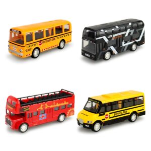 corper toys bus toys die cast metal toy cars pull back school bus double decker london vehicles friction powered city sightseeing tour bus play vehicle toy set for kids 4 pack