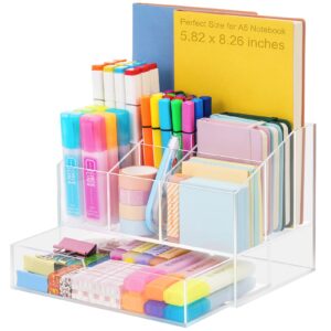 vitviti acrylic desk organizer, upgraded clear pencil organizer for desk, 7 compartments stationary pen organizer storage with drawer, for office supply, 500+ pencils capacity