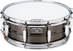 pearl 14"x5" sensitone heritage alloy black nickel-over-brass snare drum with beaded shell, 2.3mm triple-flanged hoops, and 10 arched cl lugs