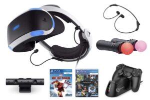 newest playstation vr iron man, compatible with ps4 & ps5: vr headset, camera, move motion controllers, iron man + marxsol ps4 controller fast charging dock bundle