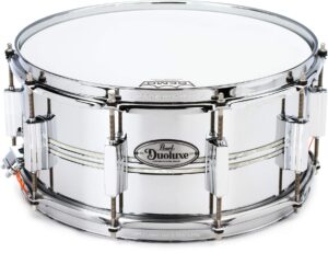 pearl duoluxe 14"x6.5" chrome-over-brass inlaid snare drum (dux1450br405) with twin nicotine white marine pearl inlays and classic bsl lugs.