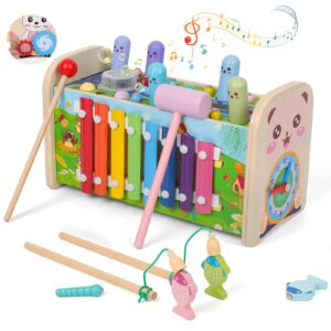 rabing wooden pounding bench ，8-in-1 wooden musical hammer toy with xylophone ，montessori learning toys with wooden hammer ，wooden activity cubes,music education puzzle games toys for toddlers 1-3