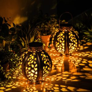 outdoor solar lantern 2 pack outdoor solar hanging lantern retro solar lights with handle solar garden lights decor for yard patio, brown