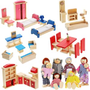 sumind 35 pcs wooden doll house furniture and accessories set with 27 pcs dollhouse furniture 8 pcs doll house dolls family doll furniture small dolls for dollhouse family set dollhouse accessories