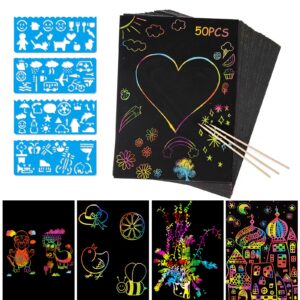 scratch paper art set, 50pcs rainbow scratch paper black scratch off paper art supplies magic kit for kids crafts activity