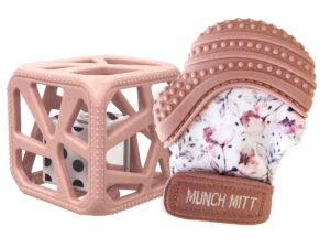 malarkey kids munch mitt and chew cube 2-pack | baby teething mitten protects hands from chewing & saliva, heals aching gums, promotes sound & visual stimulation for babies (mauve and spring flower)