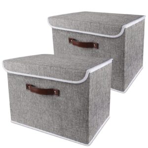 coastal rose foldable storage bins, 2 pack decorative fabric storage boxes baskets with lid & handle, stackable storage cubes organizers for home, shelves, closet, bedroom, toys(gray)