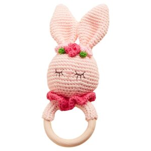 chippi & co crochet wooden baby rattle, crochet baby toys stuffed animals easter gifts for kids, wooden newborn toys, easter basket stuffers, basket filler for girls, boys, bunny decor (clover bunny)