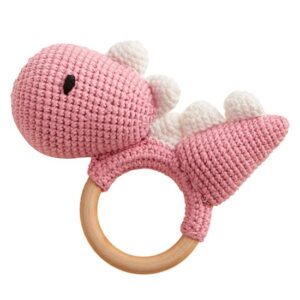 chippi & co wooden crochet baby rattle, crochet toys stuffed animals easter gifts for kids, newborn toys, unique easter basket stuffers, basket filler, cute baby shower decor (didi the pink dinosaur)