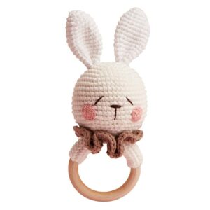 chippi & co wooden crochet baby rattle, crochet baby toys stuffed animals easter gifts for kids, wooden newborn toys, easter basket stuffers, basket filler, bunny decor (ruffles the sleepyhead bunny)